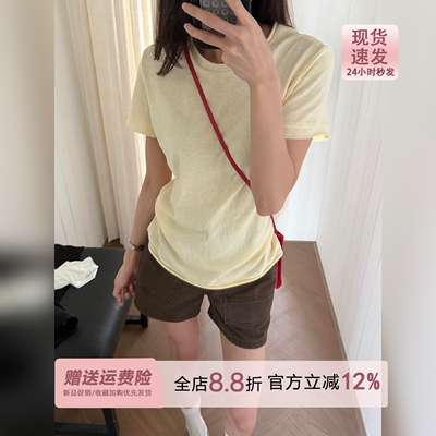 奶黄色雪花棉凉感卷边短袖T恤女夏季2026新款松弛感tee正肩薄上衣