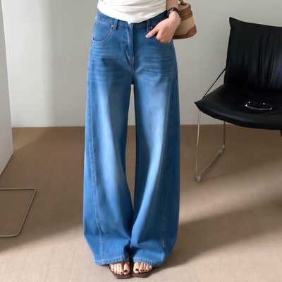 夏季四面弹抗皱高腰阔腿牛仔裤女