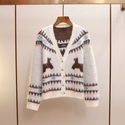 撞色V领开衫减龄毛绒针织衫外套