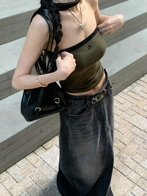 FBB limit夏季新款辣妹牛仔裙女字母标腰头做旧复古长短版半裙