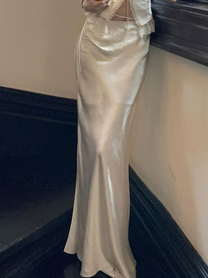 夏季新款光泽感100醋酸裙女双层网纱拼接腰头鱼尾半身裙