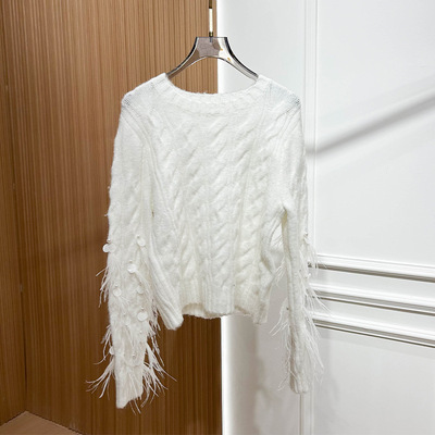 2025秋冬轻奢慵懒休闲风优雅黑色羽毛绞花针织毛衣上衣女XRV5M34A