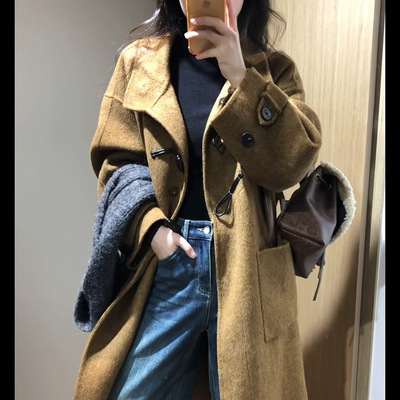 韩系保暖款呢子外套大衣超好看棕色流行时髦女装通勤款牛角扣上衣