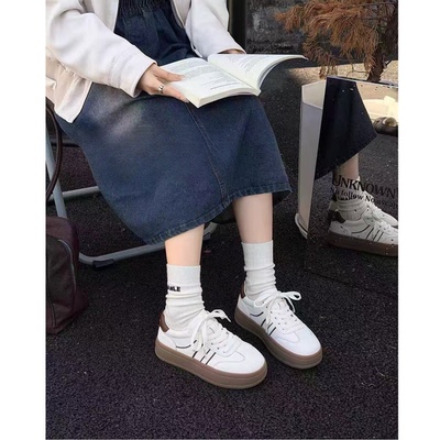 真皮百搭撞色休闲厚底小白鞋女鞋——8312-【卡】