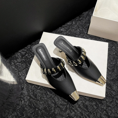 （清仓）金属方头细跟半拖中跟包头凉拖鞋夏季时尚百搭铆钉穆勒鞋