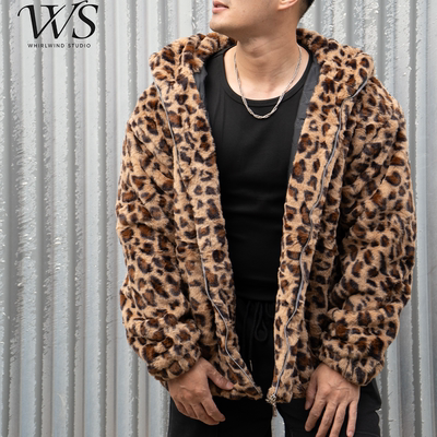 豹纹连帽皮草外套男女冬季加厚