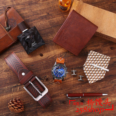 Men gift wallet tie perfume cufflink belt quartz watch 7pcs