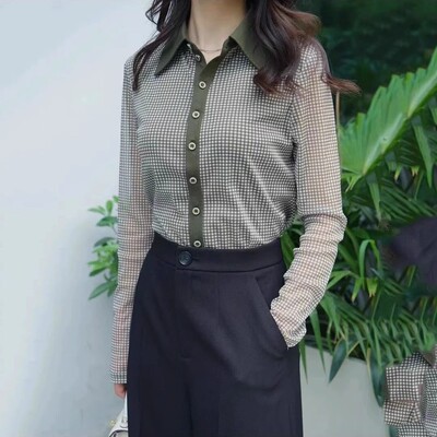 A家女装专柜正品2024复古格子修身长袖衬衫1300915-1K13039-001