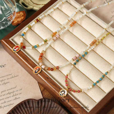 天然贝壳天然石镀金珠子串珠项链