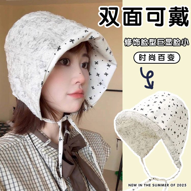 夏季新款双面戴绑带渔夫帽子女加深显脸小宽檐遮阳帽防晒帽头巾帽