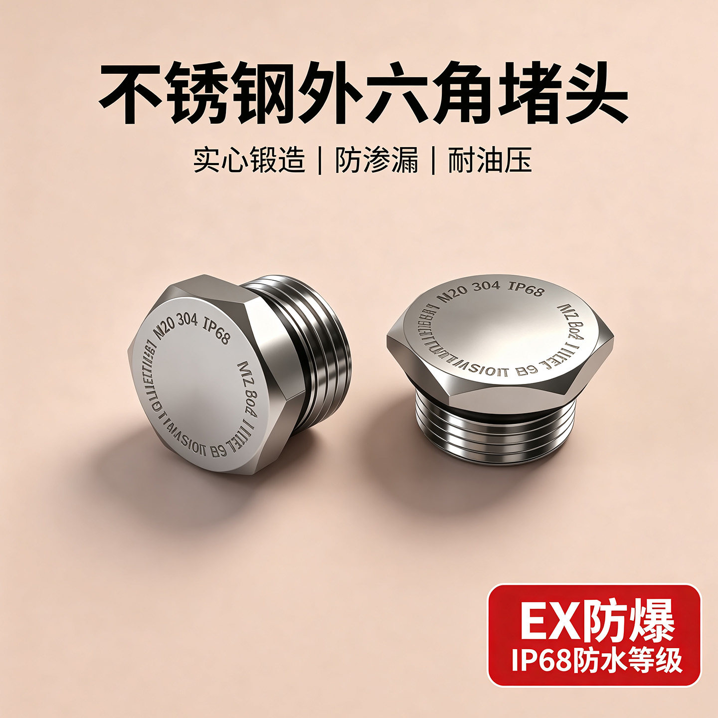 304不锈钢外六角堵头液压螺纹封堵金属实心闷盖M/G耐酸碱油塞管堵