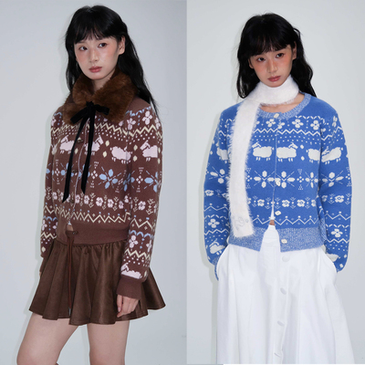 费尔岛复古撞色秋冬圆领毛衣开衫