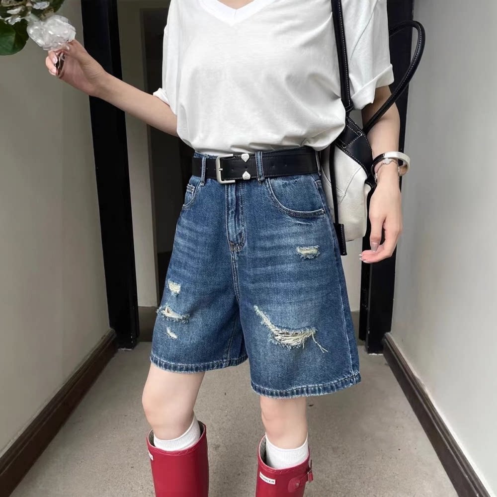 短裤2026新款爆款洋气夏季破洞高腰宽松显瘦阔腿牛仔五分直筒裤女