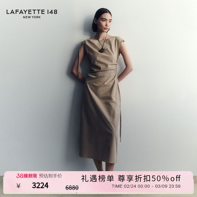 【25夏季新款】LAFAYETTE148/拉飞逸棉府绸抽带褶饰A字连衣裙
