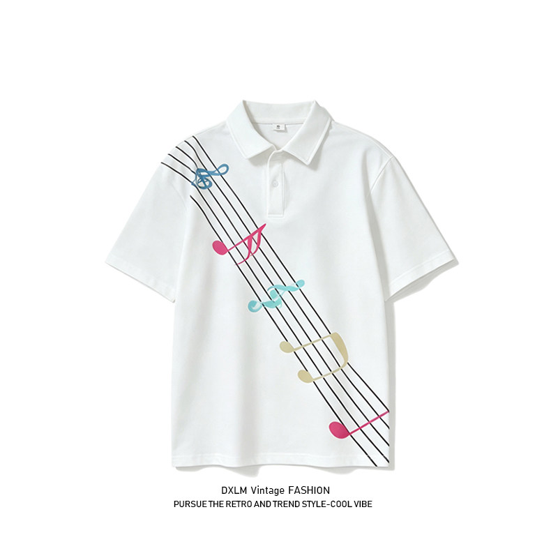 DXLM Vintage美式polo衫t恤女夏季新款音符刺绣华夫格短袖上衣服