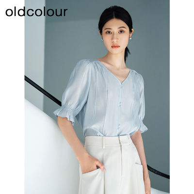 oldcolour夏季新款简约宽松V领薄款百搭短袖衬衫女Q250102A1-559