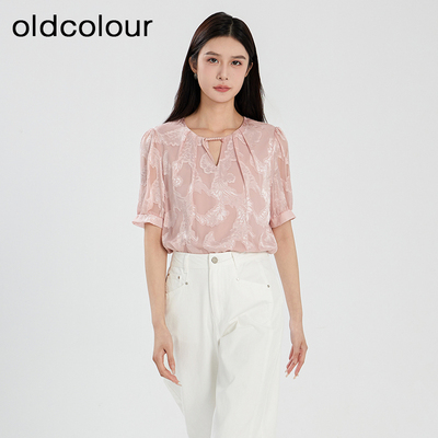 oldcolour夏季新中式印花肌理感宽松短袖套头衬衫女Q280110A1-399