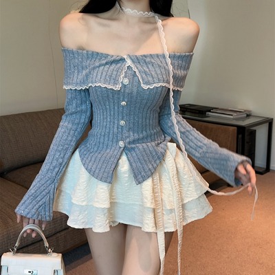 法式纯欲一字肩蕾丝蛋糕裙套装