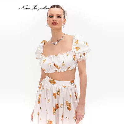 Nana Jacqueline 25夏季新款印花泡泡袖套装女度假短上衣配长半裙