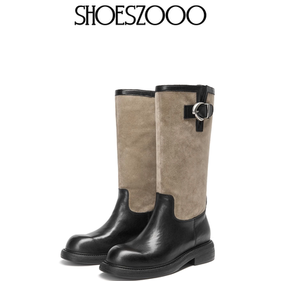 SHOESZOOO真皮骑士靴女撞色中筒短靴扣带粗跟短靴显瘦堆堆长靴女