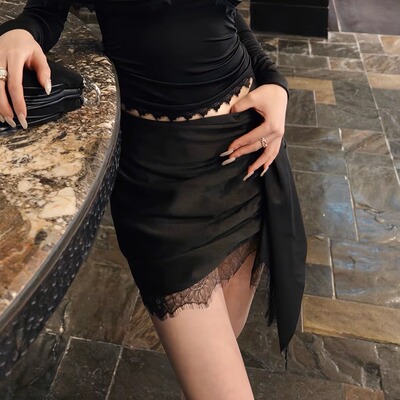 CNLEEWEI 26SS新品 黑色皱褶蕾丝拼接飘片西装短裙