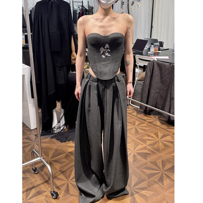 现货MARKGONG 25AW新款 钉珠鱼骨抹胸  打褶装饰阔腿西裤