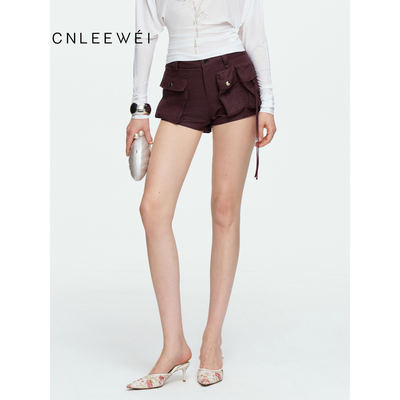 CNLEEWEI 26AW 多口袋金属扣飘绳工装短裤女高腰显瘦宽松