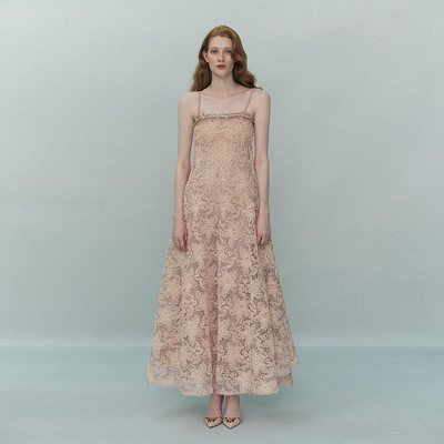 TENSION ARCHIVE手工亮片钻石钉珠织网纱花朵吊带大摆裙连衣裙