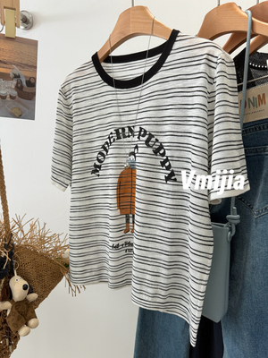 vmijia爆款条纹冰丝针织撞色T恤