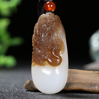 【久龙玉器】天然正品和田玉且末糖羊脂玉吊坠和田挂件龙凤20.95