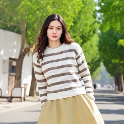 【清仓福利】女装宽松柔软圆领条纹针织衫女款套头毛衫