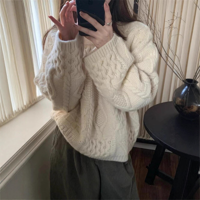 韩系白色麻花套头毛衣女秋冬2025新款慵懒高级感宽松加厚针织上衣