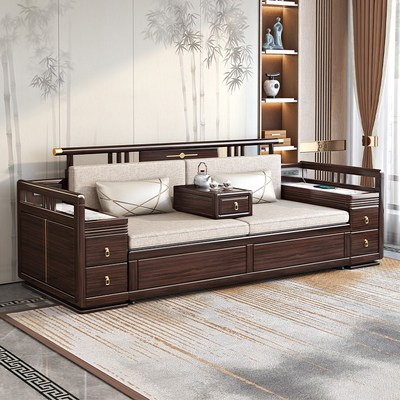 精选新中式实木多功能沙发床紫金檀木客厅两用推拉罗X汉床可折叠