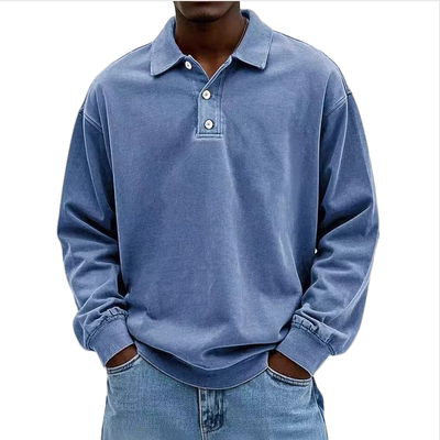 跨境亚马逊殴码男士休闲百搭长袖纽扣翻领衬衫运动户外polo衫卫衣