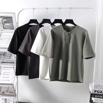 老钱风 2025夏季快干吸汗华夫格亨利领宽松休闲短袖T恤男475361