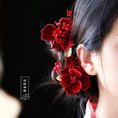 红色布绒花发夹新娘盘发花朵发饰