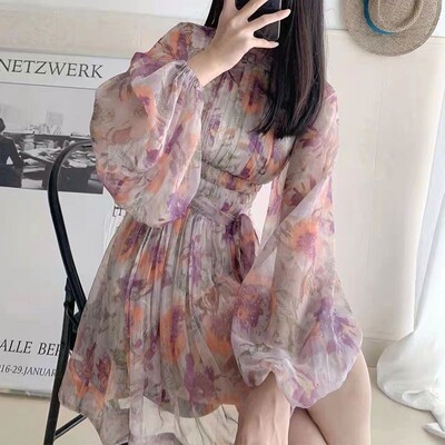 现货Aconi  花岛少女 复古法式印花小众设计立领灯笼袖短连衣裙夏