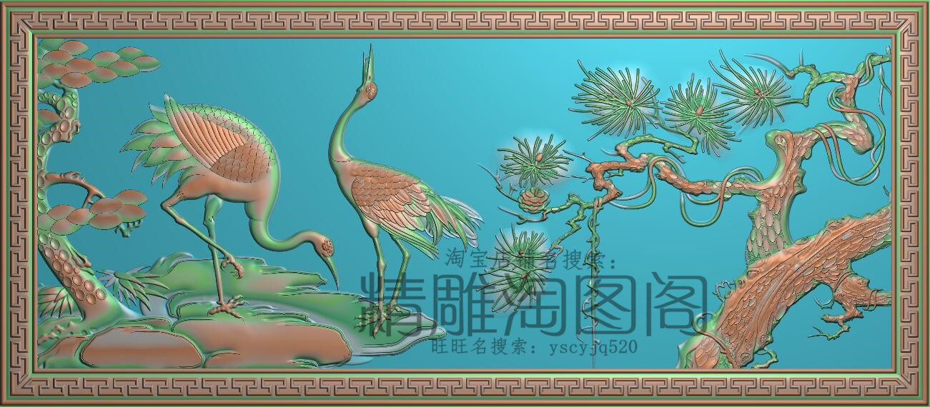 新款山水鹤精雕图檀雕花鸟灰度浮雕图精品松鹤沙发背板横876x382