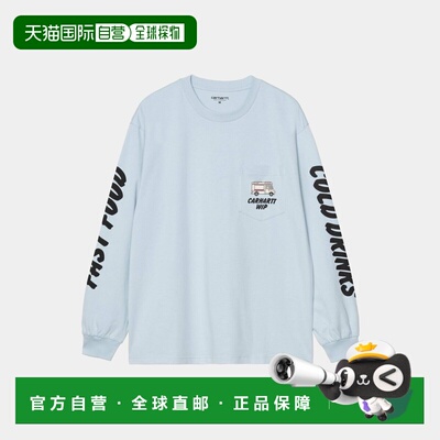 自营欧洲直邮Carhartt WIP Cold Drinks男士浅蓝色棉质印花长袖T