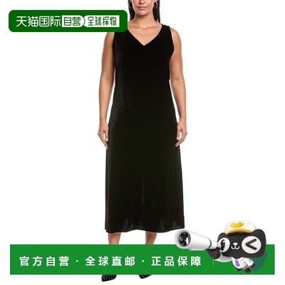 自营EILEEN FISHER Plus V领丝绸混纺迷笛连衣裙-黑色 美国奥莱直