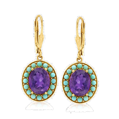 自营 Ross-Simons 18 克拉金绿松石和紫水晶吊式耳环 - 紫色 美国