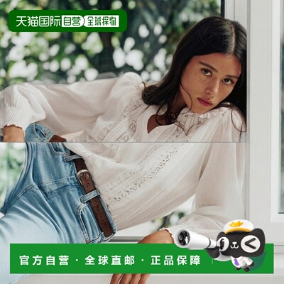 自营欧洲直邮Sezane 女士米白色棉质刺绣泡泡袖长袖衬衫