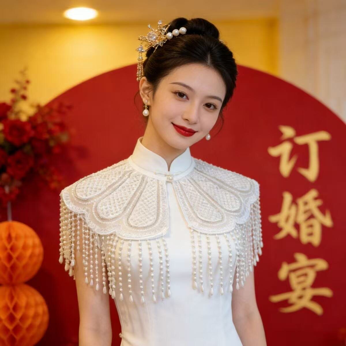 重工珍珠蕾丝云肩披肩女白色旗袍搭配仙气装饰假领