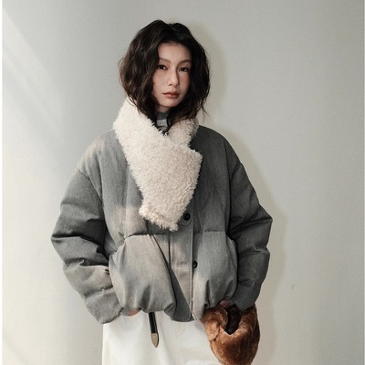 PRISCA/韩系麻感90白鸭绒短款廓形羽绒服外套女冬季新款257208