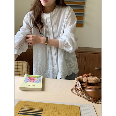 3th Morning 早春新款 镂空刺绣蕾丝边风琴褶衬衫全棉ZY3923