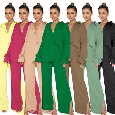 KatchMe Women's Classy Solid Color Collared Button Flounce