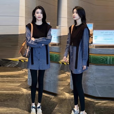 2025春季新款韩国高级感假两件格子衬衫裙时髦气质设计感上衣女装