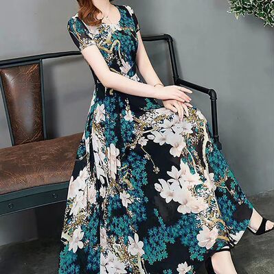 Summer Short Sleeve Dress Women Fashion Slim Fit Floral Roun