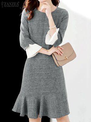 Autumn Vintage Patchwork Dress Woman 3/4 Sleeve O-Neck Dress