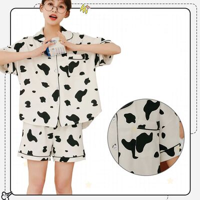 Womens Cotton Nightgown Womens Pajama Set Two Piece Cow Prin